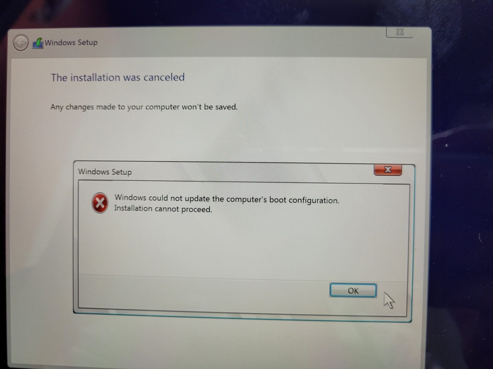 Fixed windows could not update the computer's boot configuration. installation cannot proceed ...
